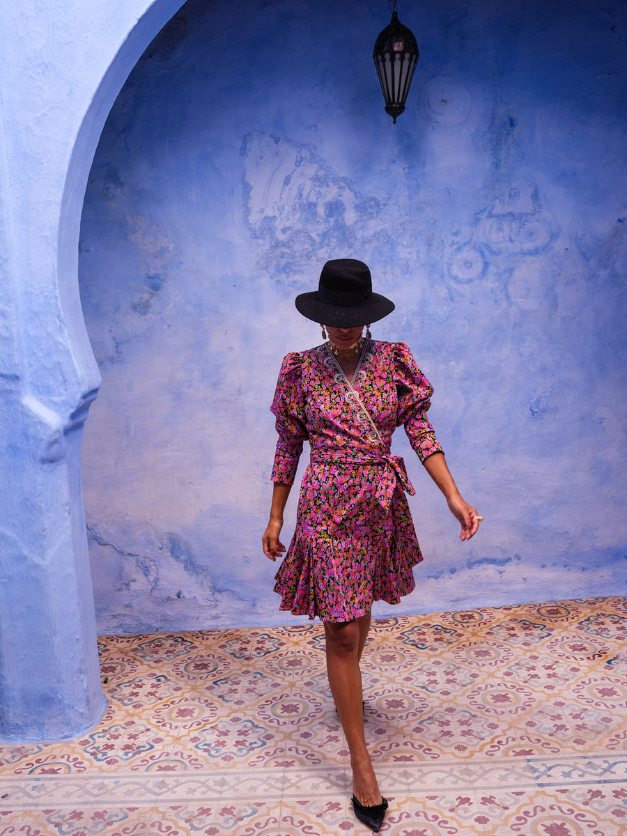 Ras El Maa Floral-Print Cotton-Voile Wrap Mini Dress – bakchic