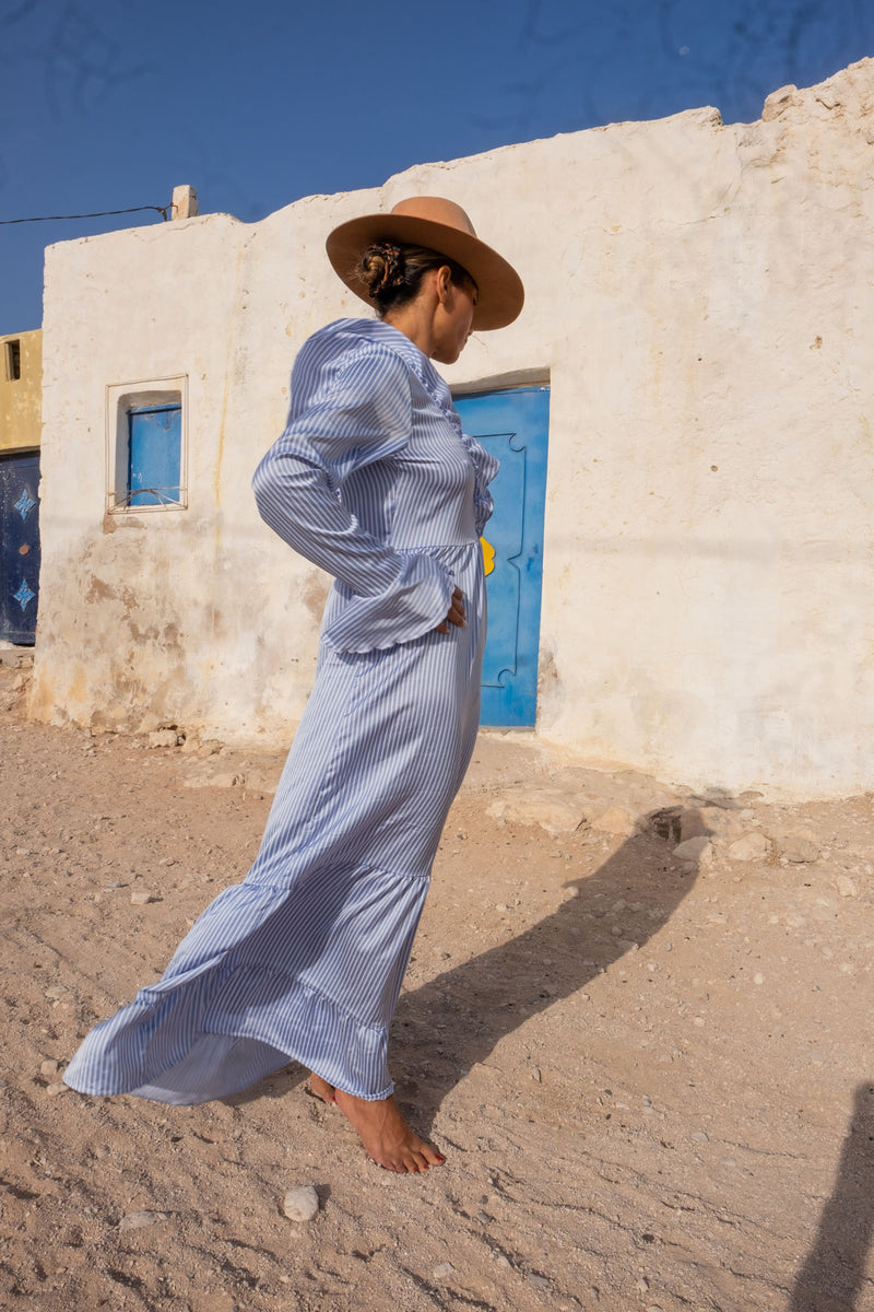 Tisdrin Ruffled Satin Light Blue Maxi Dress – bakchic